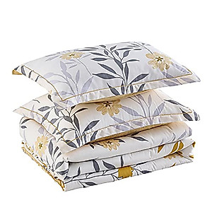 SLEEPBELLA Comforter Queen Size, 600 Thread Count Cotton Grey Branch with Yellow Flower & Grey Leaves Pattern Orange Reversible Comforter Set,Down Alternative Bedding Set 3Pcs(Queen, Yellow Botanical)