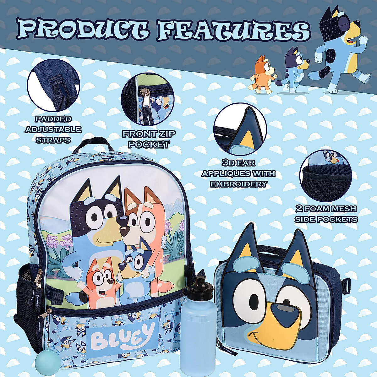 Bluey Girls & Boys Toddler 4 Piece Backpack Set for Kindergarten , School Bag with Front Zip Pocket, Mesh Side Pockets, Insulated Lunch Box, Water Bottle, and Squish Ball Dangle