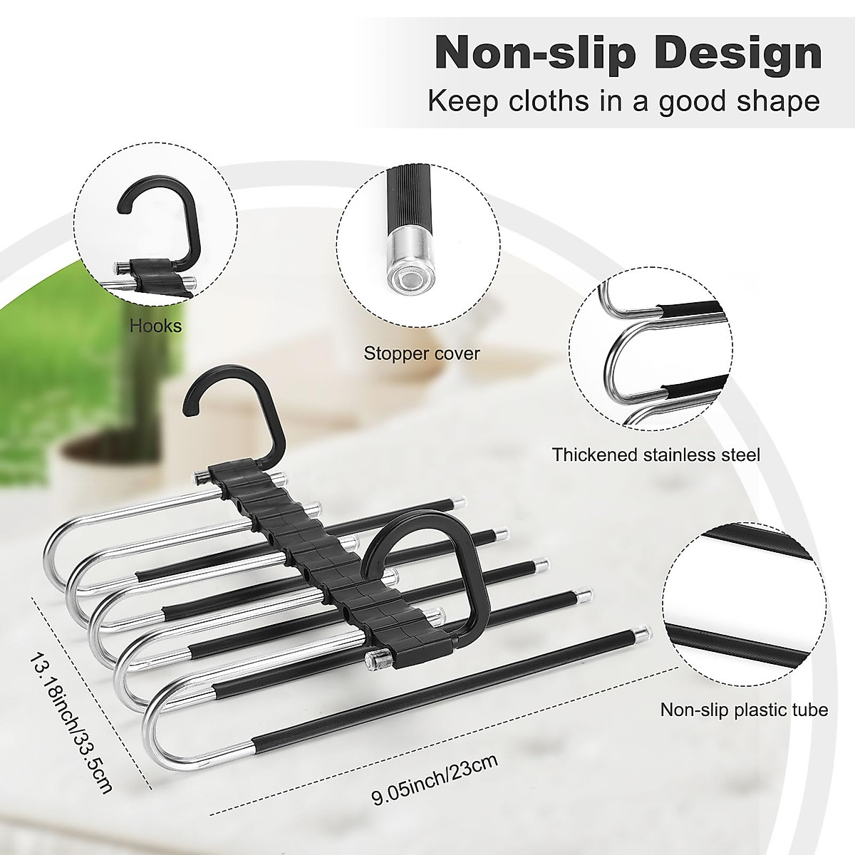 Hangers Space Saving 5 Tier Pant Hangers, Abarackie Space Saving Hangers, Closet Organizers and Storage for Pants Jeans Skirts Scarf Legging, Anti-Slip, Plastic Hooks, 2 Packs, Black