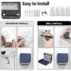 PLUSSEN Paper Towel Dispenser Wall Mount,Capacity 200+ Sheets ZFold Tri Fold Blue Adhesive No Drilling or Screws Installation for Home Toilet