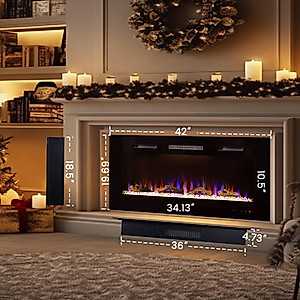S-THROUGH 42 Inch Electric Fireplace Wall Mounted and Recessed, Linear Electric Fireplace with Remote Control & Timer, Touch Screen, Adjustable Flame Color, 750w/1500w Ultra-Thin Wall Fireplace Heater