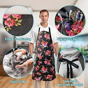 2 Pack Aprons for Women with 3 Pockets, Adjustable Waterproof Kitchen Bib Apron with 2 Towels for Chef Servers Grilling Cooking Baking, Plus Size Rose Flowers Aprons for BBQ Painting Gardening