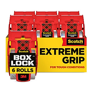 Scotch Box Lock Packaging Tape, 6 Rolls with Dispenser, 1.88 in x 800 in, Extreme Grip Packing, Shipping and Mailing Tape, Sticks Instantly to Any Box