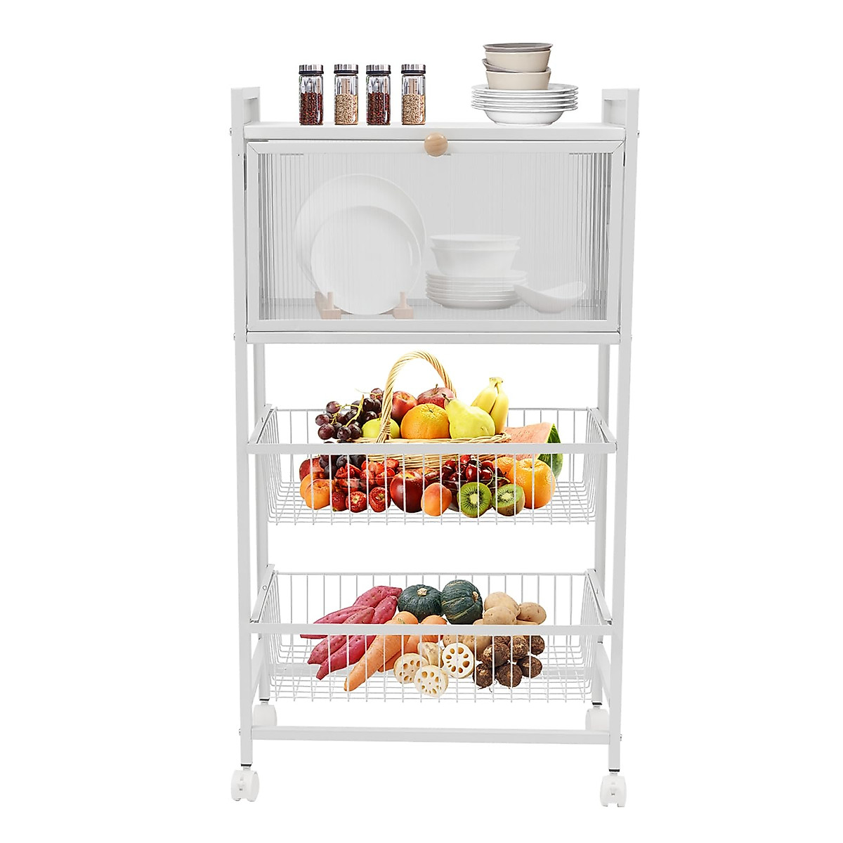 HuaShuani Kitchen Storage Rack, Bread Rack Coffee Station Microwave Rack Storage Rack Kitchen Cart, 4 Level Kitchen Drain Rack, Cutlery, Wine, POTS and Pans, 4 Universal Wheels (White)
