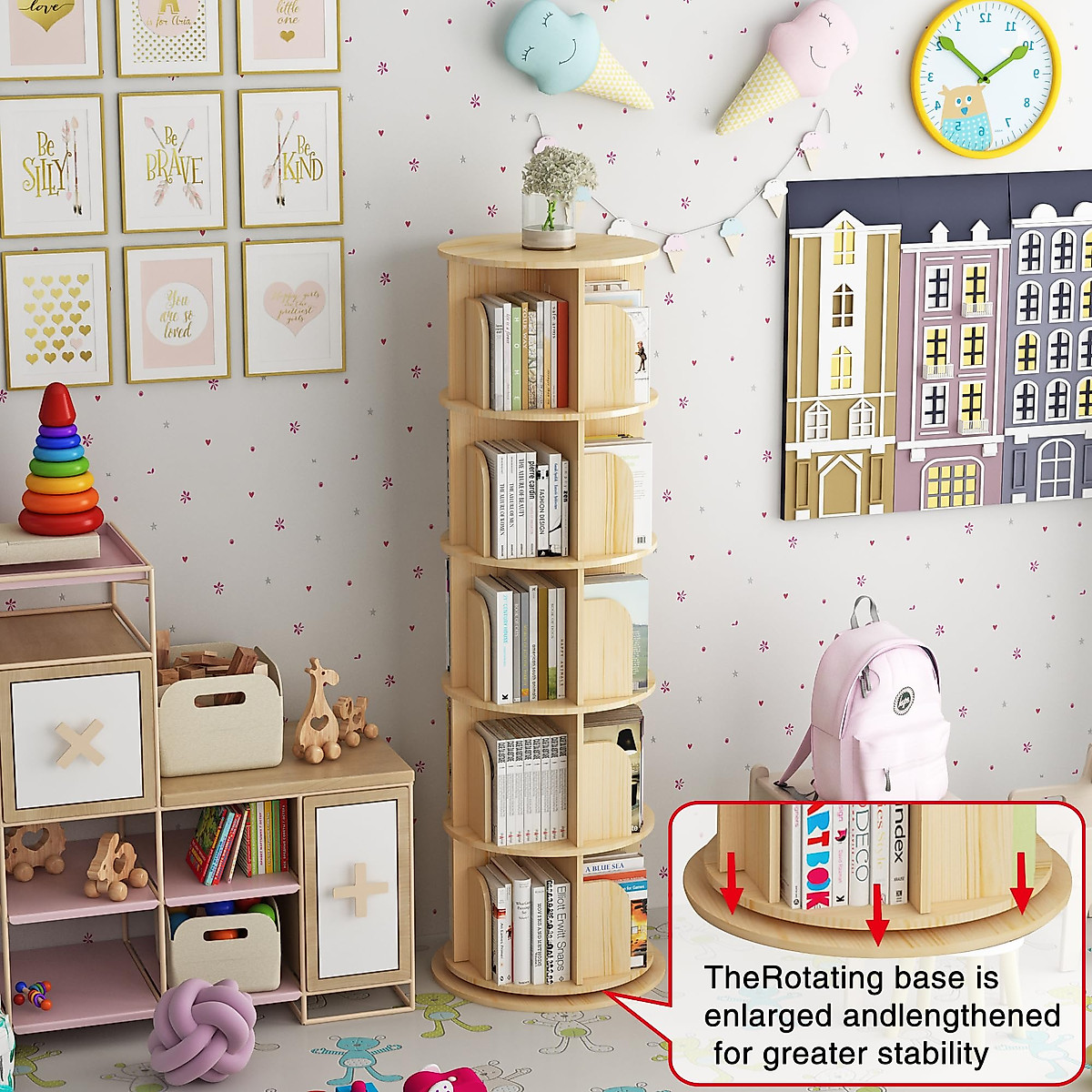 hhgrapehh Rotating Bookshelf, 360 Display Corner Bookshelf for Small Space, 5 Tier Floor Standing Bookcase Storage Rack, Wood Narrow Organizer for Bedroom, Living Room, Study Room, Kids&Adults Solid