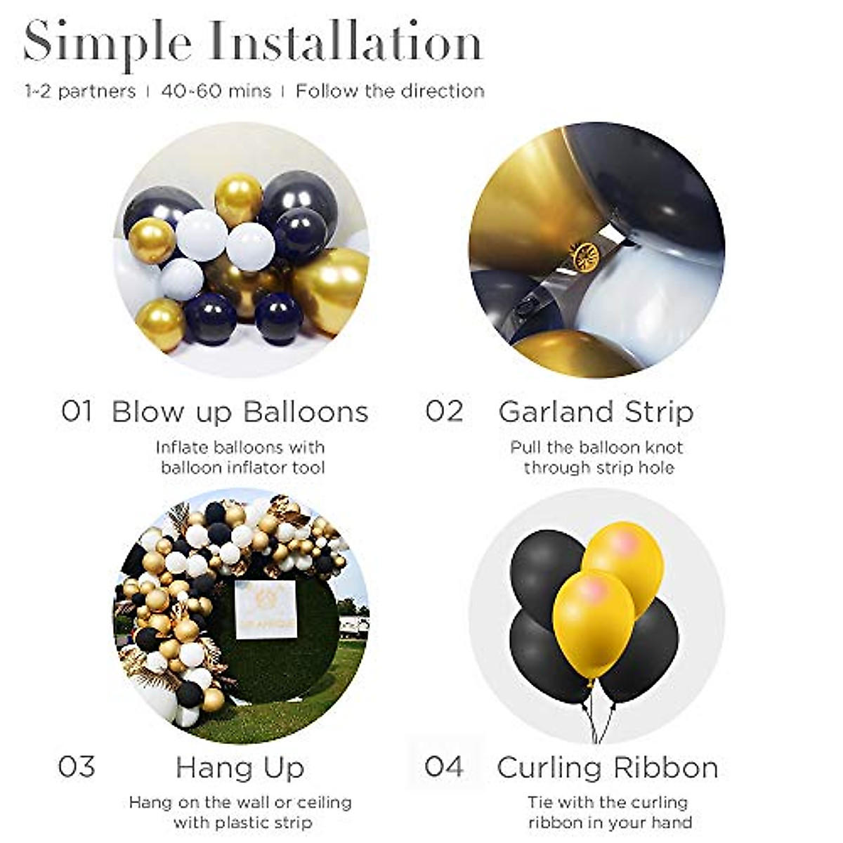 Black and Gold Balloon Arch Garland Kit-Macaron Black Balloon Metallic Gold Balloon White Balloon 132Pcs for Independence Day Birthday,Fiesta,Wedding,Christmas and Engagement.