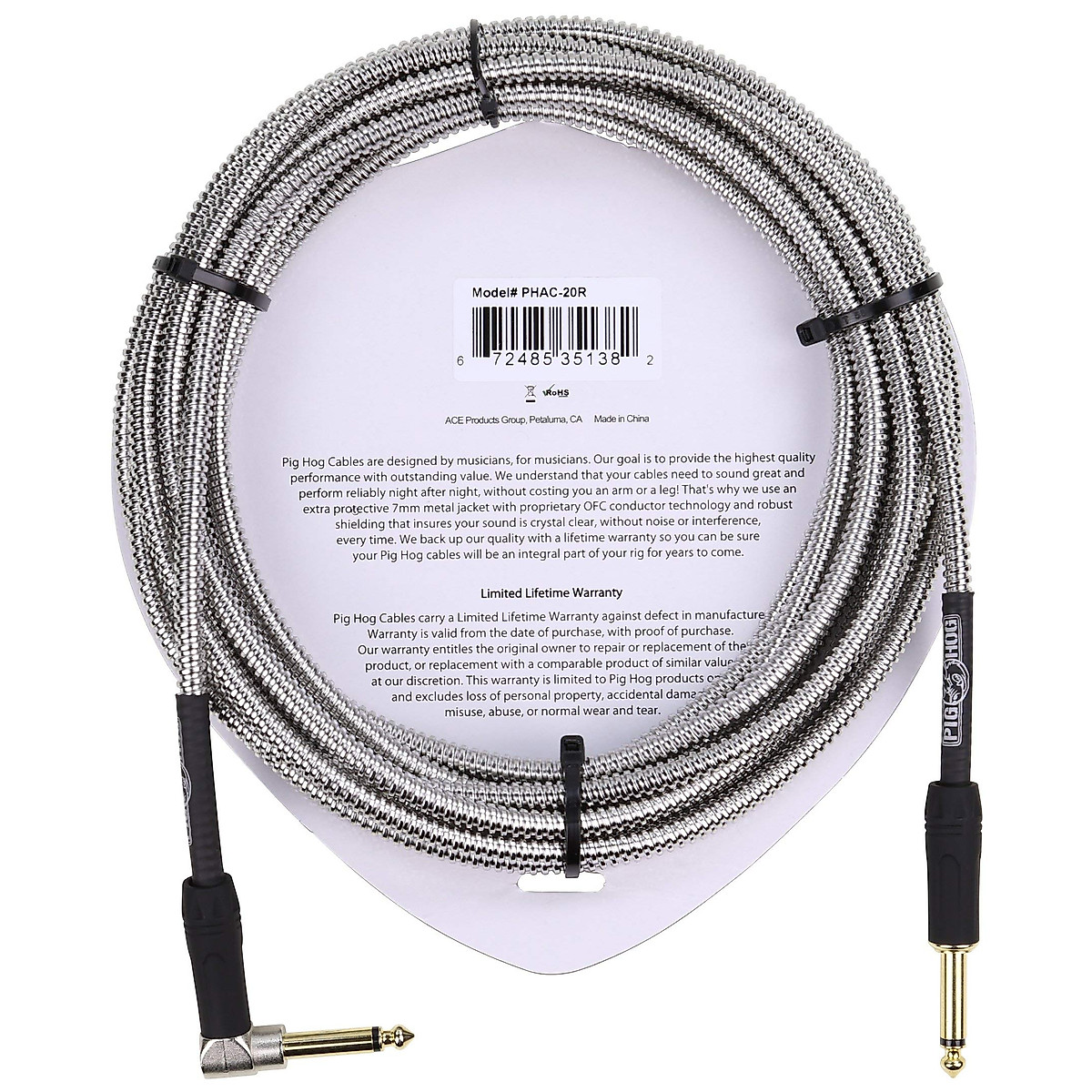 Pig Hog PHAC-20R Armor Clad Right-Angle 1/4" to 1/4" Guitar Instrument Cable, 20 Feet