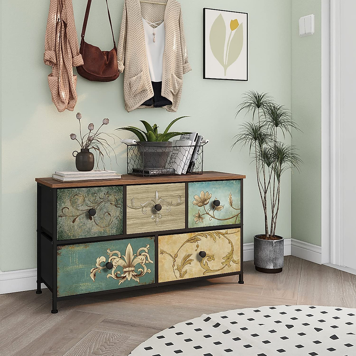 Tohomeor Dresser with Drawers for Bedroom Chest of Drawers Fabric Dresser for Closet,Nursery Entryway Hall Tree TV Stand for Living Room Retro Floral Pattern Drawers Wooden Top (5 Drawers)