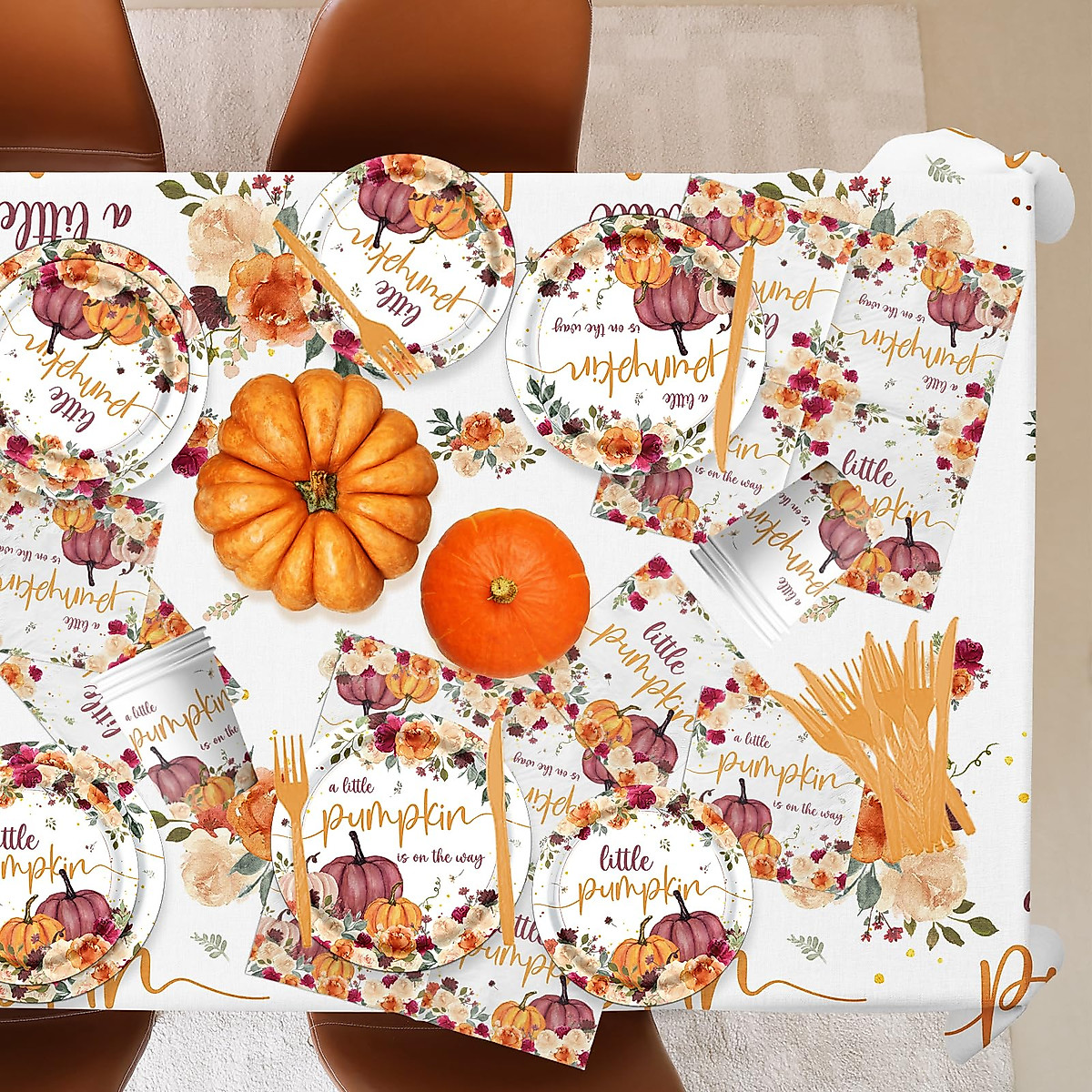 142Pcs Little Pumpkin Baby Shower Decorations-Fall A Little Pumpkin is on the Way Plates and Napkins Set Floral Autumn Thanksgiving Tableware Party Supplies