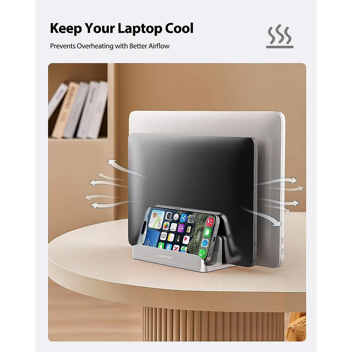 AboveTEK Vertical Laptop Stand 3 Slots for Computer, Tablet, Phone - Fits All Laptop Models (up to 17.3") - Heavy Duty Polished Aluminum Desktop Holder - Anti Slide Silicone Grips - Silver