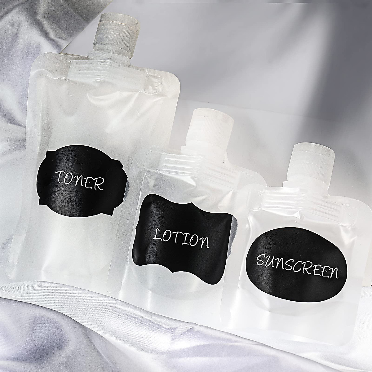 Zopeal 12 Pieces Portable Travel Fluid Makeup Packing Bag, Transparent Clamshell Packaging Bags Stand Up Fluid Makeup Bags with Folding Funnel Black Stickers Chalk Pen for Women Travel Supplies