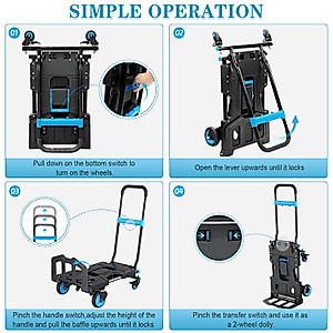 T.chilyn 2 in 1 Hand Truck Dolly Foldable, 330LB Capacity Foldable Dolly, Convertible Hand Truck with 3-Gear Retractable Handle, Heavy Duty Hand Truck for Shopping, Moving, Family, Office