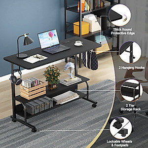 Height Adjustable Standing Desk with Power Outlets, 39" Manual Stand Up Desk with Storage Shelves Small Mobile Rolling Computer Desk Portable Laptop Table with Wheels for Home Office, Black