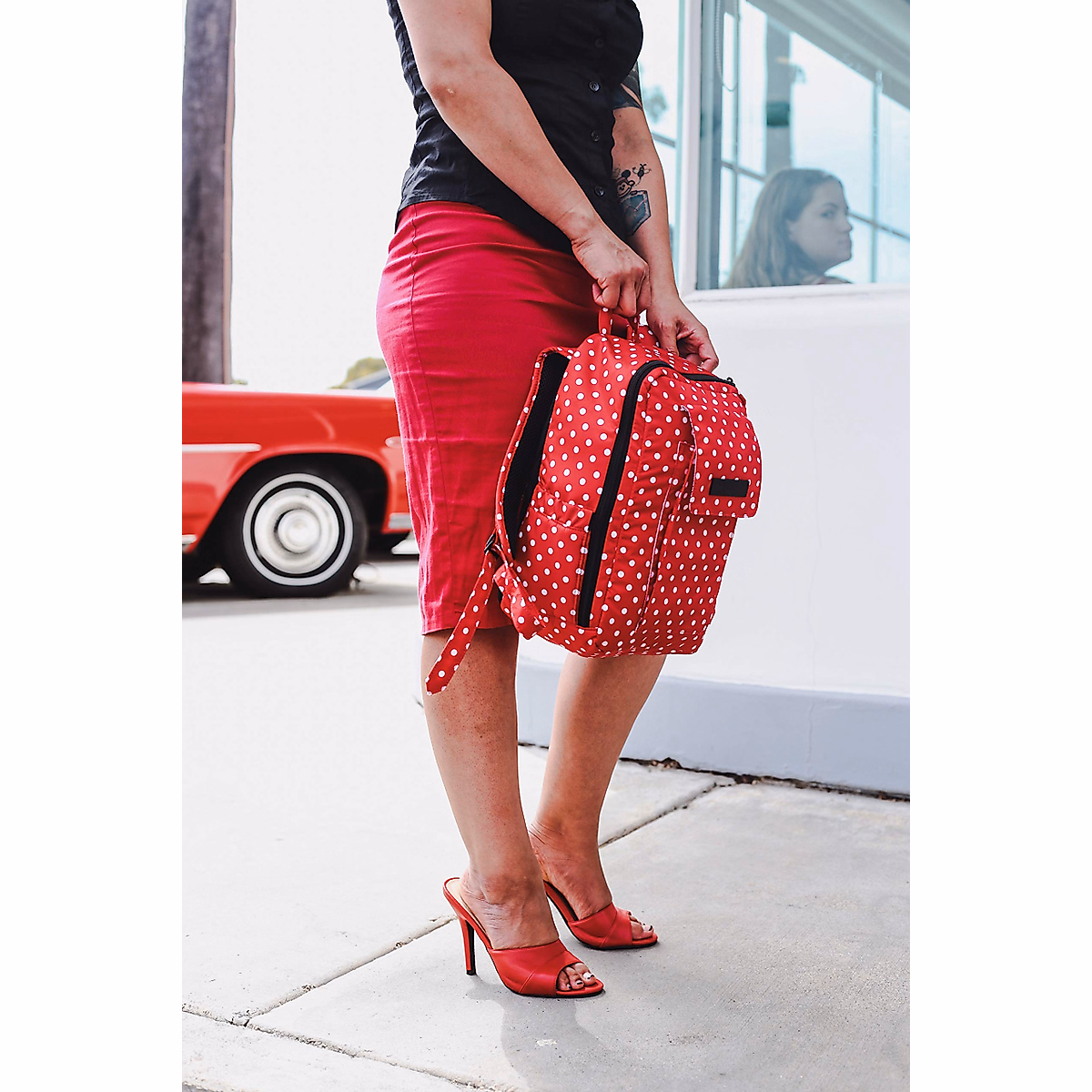 JuJuBe MiniBe Small Backpack, Onyx Collection - Black Ruby - Red/White Polka Dots