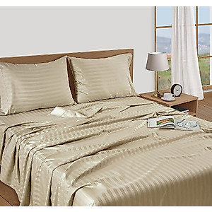 100% Egyption Cotton Cal King Solid Sheet Set & Striped Sheets Set of 2 Combo- 800 Thread Count Sateen Weave Cal KIng Size Solid Sheets & Striped Sheets, Deep Pocket Cotton Bedsheets - Linen