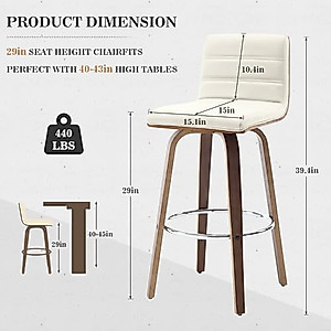 Bekrvio Bar Stools Set of 3 Swivel Bar Stools with Backs, 29 Inch Bar Height Upholstered PU Leather Barstool, L Shape Back, Padded Seat, Mid-Century Modern Bar Stool Chairs for Kitchen Island, White