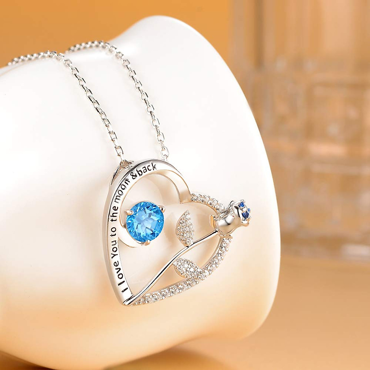 ELDA & CO. Aquamarine Necklace Love Rose Flower Sterling Silver I Love You to the Moon and Back Jewelry March Birthstone Heart Pendant Necklace
