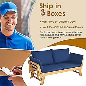 Tangkula Acacia Wood Patio Convertible Couch Sofa Bed with Adjustable Armrest, Outdoor Daybed with Cushion & Pillow, Turquoise & Navy Cushion Cover Sets, Folding Chaise Lounge Bench Ideal for Porch