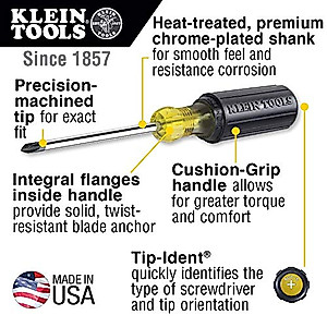 Klein Tools 85076 Screwdriver Set, Slotted and Phillips Screwdrivers with Non-Slip Cushion-Grip Handles and Tip-Ident, 7-Piece