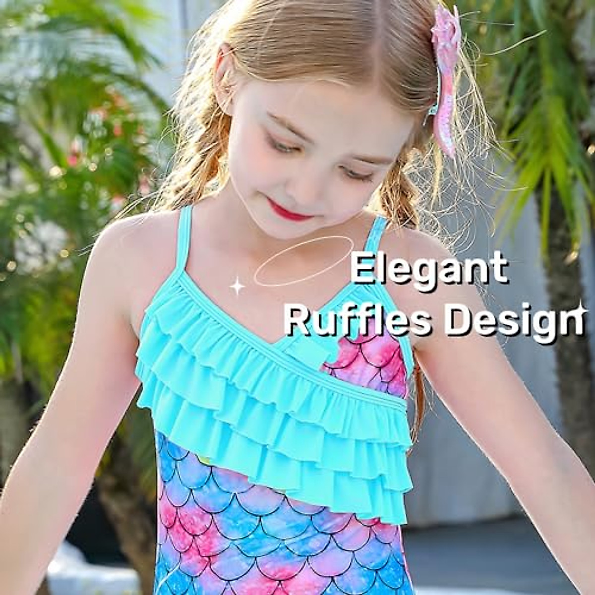 Danvren Girls One Piece Swimsuits Floral Ruffle Swimwear Beach Mermaid Bathing Suit 5-13 Years