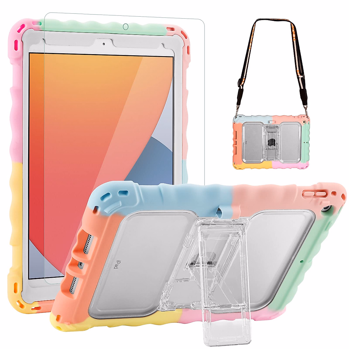 TopEsct iPad 9th/8th/7th Generation Case, iPad 10.2 Case for Kids with Portable Shoulder Strap, PET Screen Protector & Shockproof Silicone, Rainbow