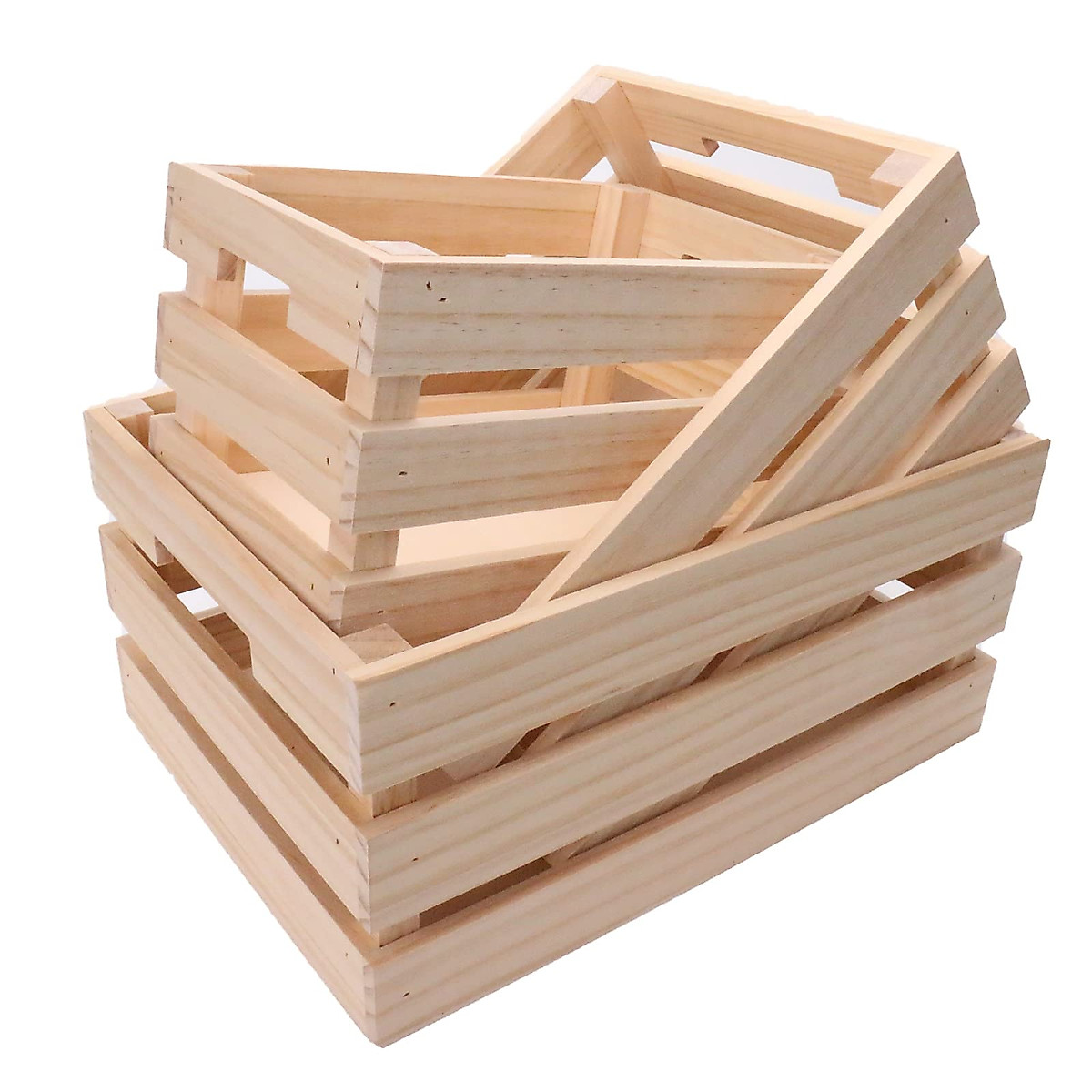 Set of 3 Natural Wood Crates - Unfinished Country Style Storage Boxes for Decor & Photo Props