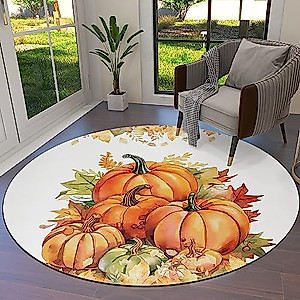 Autumn Pumpkins Round Area Rug 3ft,Washable Outdoor Indoor Carpet Runner Rug for Bedroom,Kitchen,Living Room,Office,Area+Rug Small Bath Door Desk Floor Mat Thanksgiving Eucalyptus Maple Leaves