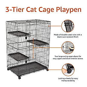 Amazon Basics Large 3-Tier Cat Cage Playpen Box Crate Kennel - 36 x 22 x 51 Inches, Black