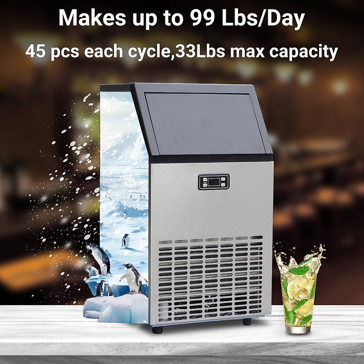 Commercial Ice Maker, 100 lbs/24h Ice Maker, Commercial Ice Maker Machine with LCD Panel, Commercial Ice Machine with 33lbs Ice Storage Capacity Ideal for Restaurant, Home and Offices, Stainless Steel
