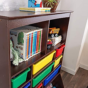 KidKraft Wooden Wall Storage Unit with 8 Plastic Bins and 13 Compartments, Espresso, Gift for Ages 3+