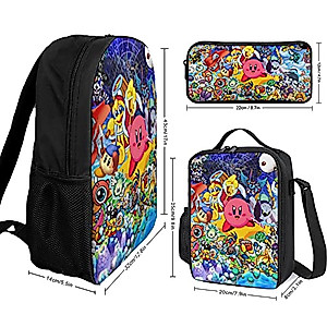 Mayeec Kir-By 3 Piece Backpack Set, Fashion Schoolbag with Lunch Box and Pencil Bag, 3D Print Laptops Bag Bookbag for Boys Girls