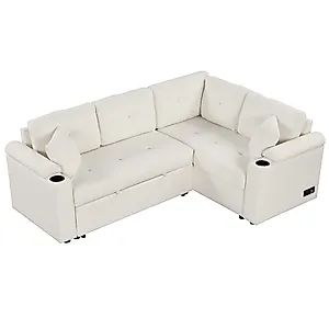 P PURLOVE Sectional Sofa with Pull-Out Sofa Bed, Boucle L-Shape Sleeper Sofa with Wheels, USB Charging Port and Power Sockets, Modern Upholstered Couch for Living Room, Bedroom, Apartment (Beige)