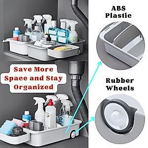 Undersink Pull Out Sliding Storage Basket, Car Shape Wheeled Cabinet Drawer Organizer for Kitchen Bathroom Sink Caddy, with Adjustable & Detachable Dividers and Side Drainer Basket, 8'' Wide Grey