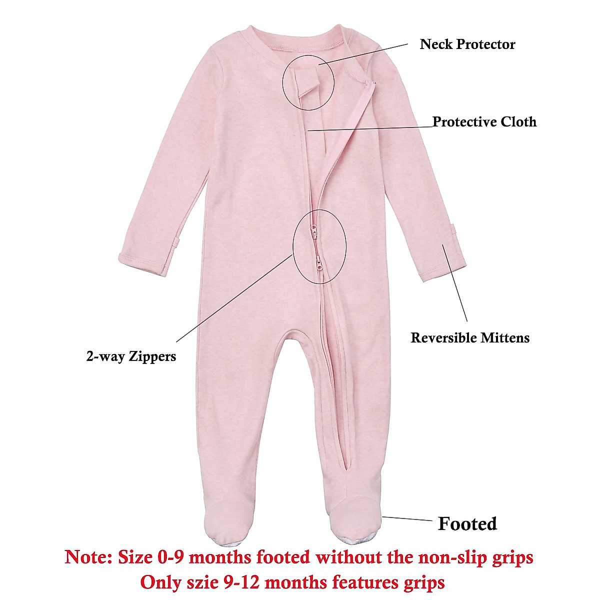 Aablexema Baby Footie Pajamas with Mittens - 3Pcs Infant Footed Sleeper Cotton Sleepwear Outfits(Grey Khaki/Dot/Pink, 9-12M)