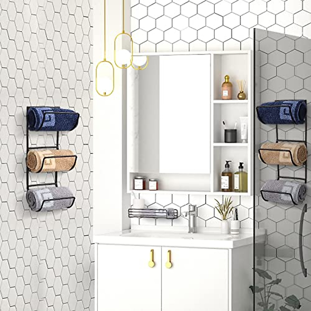 NearMoon Towel Rack Wall Mounted- All Metal Bathroom 2 Towel Rack Holders+ Hand Towel Storage Basket, Rustproof 3 Level Wine Rack Storage Organizer for Hand Towels, Washcloths, 2+1 Pack (Matte Black)