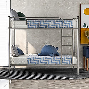 KELRIA Twin-Over-Twin Bunk Beds, Metal Bedframe Durable Steel Constructuin, Safety Ladder Rungs and Guard Rail, for Bedroom, Dormitory, Kids/Teens/Adults, (Sliver)