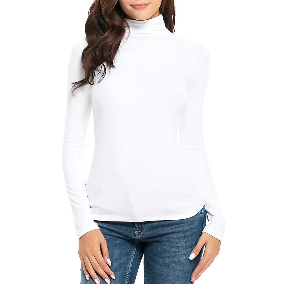 Womens Mock Turtleneck Long Sleeve Stretch Fitted Underscrubs Layer Tee Tops (XS, White)