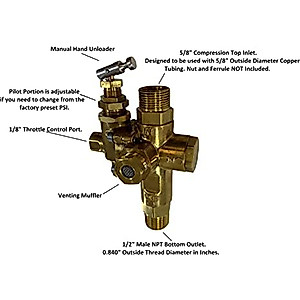 5/8" Compression Top Inlet X 1/2" MNPT Outlet, Combo Pilot Unloader Check Valve with Throttle Control Cable for 6.5HP Max Gas air Compressors (125-150 PSI, 24" Throttle Control Cable & Unloader Valve)