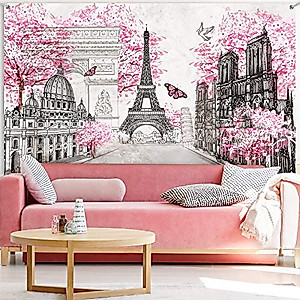 Paris Tapestry Backdrop Paris Wall Art Eiffel Tower Photo Banner Background European City Landscape Pink Wall Hanging Decor for Living Room Girl Bedroom Paris Themed Party Decoration, 72.8 x 43.3 Inch
