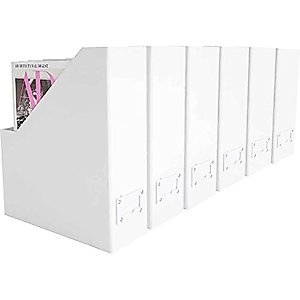BLU MONACO Foldable White Magazine File Holder with Leather Label Holder - Set of 6 Cardboard Magazine File Boxes Desk File Organizer