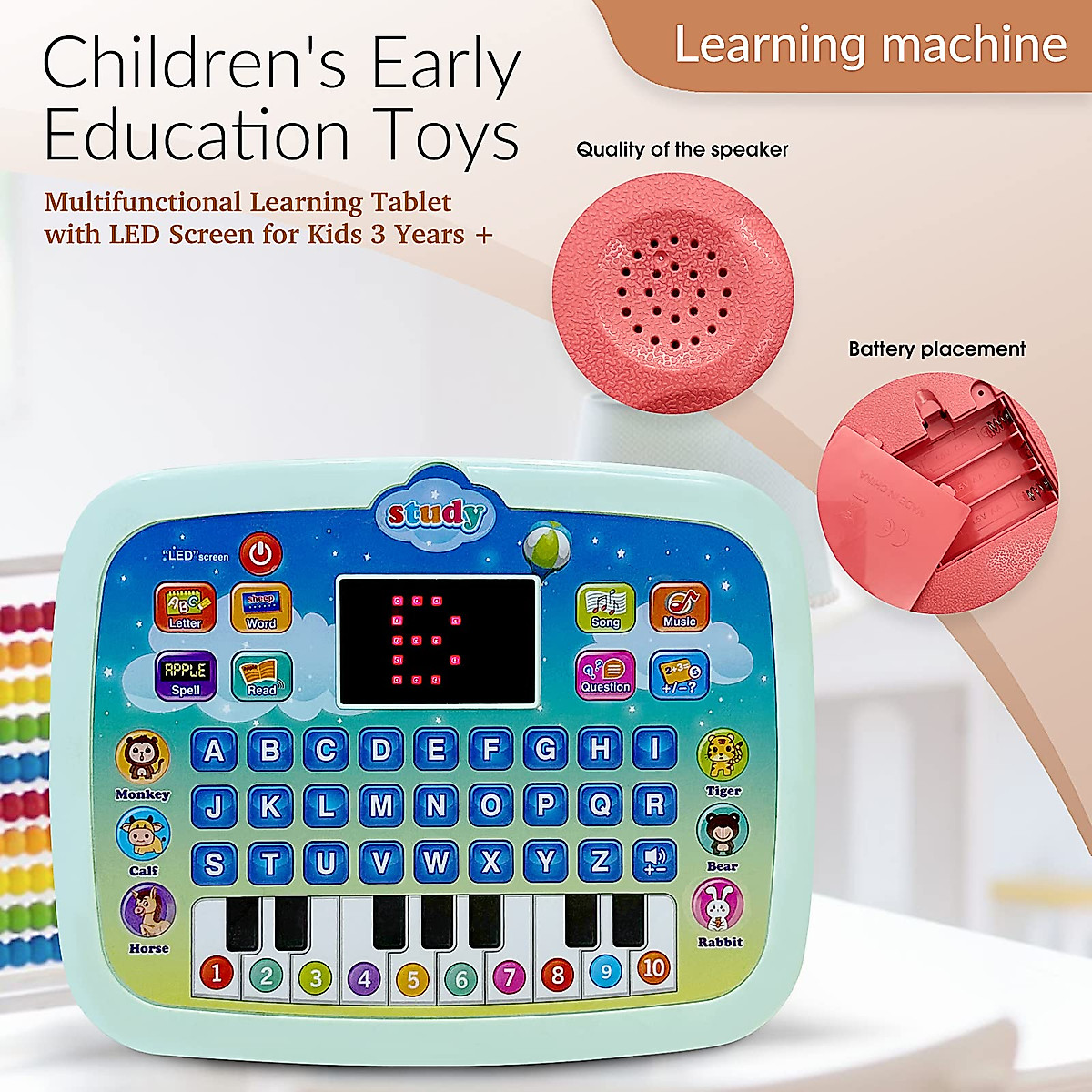 Kid Tablet Toddler Learning Pad Interactive Toy with Screen -Educational Toys Fun Gifts -Music/Piano/ABC/Numbers/Words/Spell/Animals - for Boys&Girls 3+ (Blue)……