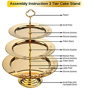 AKSHITHAA Large Food Grade Stainless Steel Three Tier Gold Cupcake Stand-Gold Dessert Stand-Gold Serving Tray-Three Tiered Gold Cake Stand for Weddings with Extra Gold Cake Server, Dishwasher Safe