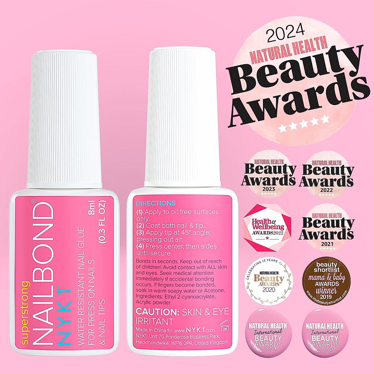 Super Strong Nail Glue for Press On Nails, Nail Tips & Acrylic Nails (8ml) NYK1 NailBond Brush On Glue for Press Ons, Fake Nails Tips & Acrylics - Long Lasting, Maximum Strength, Mess-Free Application