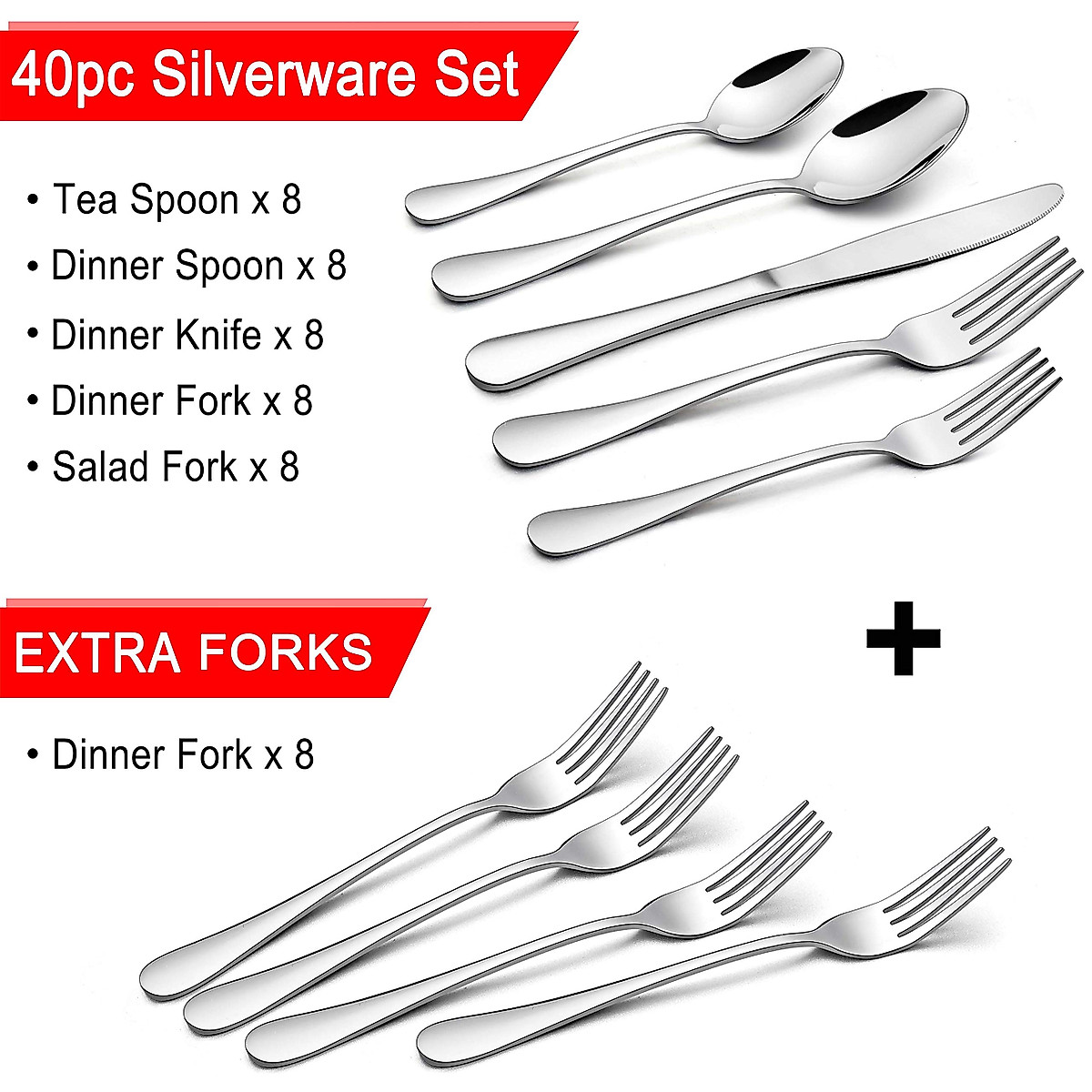 LIANYU 48-Piece Silverware Set with Extra Forks, Stainless Steel Flatware Cutlery Set for 8, Eating Utensils Tableware, Dishwasher Safe, Mirror Finish