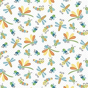 Quality Fabric Dragonflies, Happy Bugs on White Flannel by The 1/4 Yard