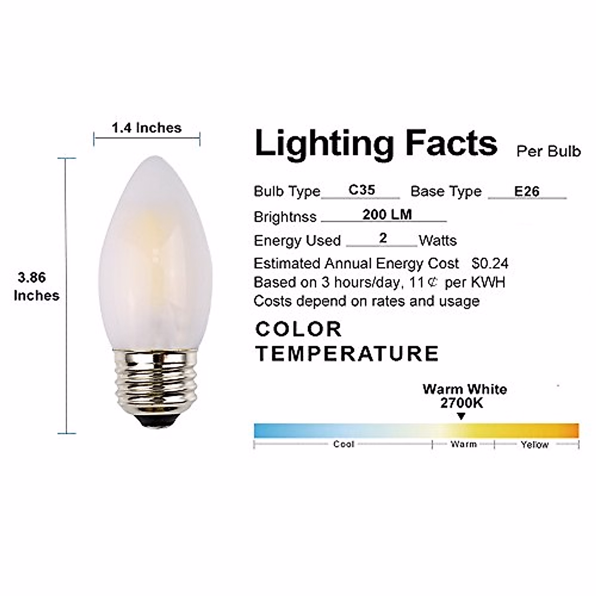 C35 LED Candelabra Bulb, 2W Dimmable, 25W Incandescent Equivalent, High CRI Warm White Light, Frosted Glass Housing, E26 Medium Base, Torpedo Tip, 3 Pack