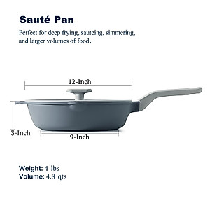 PRICUSIS Nonstick Ceramic Sauté Pan with Lid (4.8 qt, 12 inch), Toxin-Free Deep Frying Pan, Versatile Non Stick Frying Pan, Skillet, PTFE, PFOA & PFAS Free, Compatible with All Stovetops.