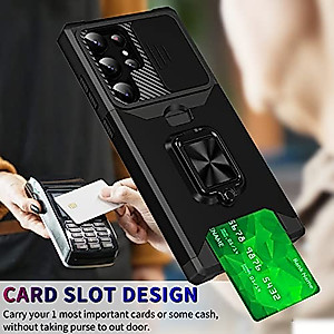 Jusy Wallet Case for Samsung Galaxy S22 Ultra & 2 Screen Protectors, with Sliding Camera Cover, Card Holder Slot and Magnetic Kickstand Ring, Heavy Duty Case Military Grade Cover (Black)