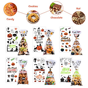 TOEKSIX Halloween Cellophane Treat Bags, 180pcs Halloween Trick or Treat Goodie Bags with 200pcs Gold Twists for Snacks Cookies Candies Packing, Skeleton Man Halloween Candy Bags Party Favor Supplies