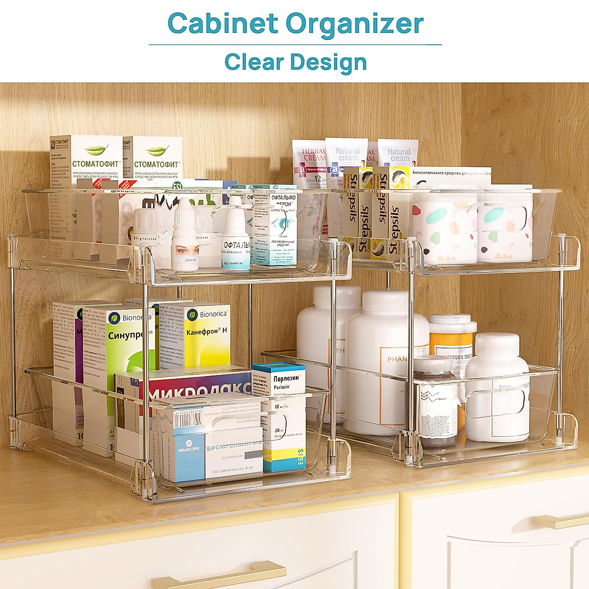 Vtopmart 4 Pack Bathroom Storage Organizer, 2 Tier Clear Under Sink Organizers Vanity Countertop Storage Container, Medicine Cabinet Drawers Bins, Pull-Out Organization with Track for Pantry, Kitchen